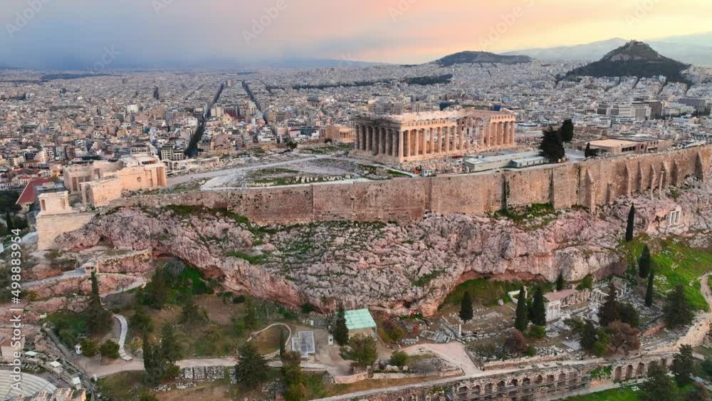 Flying towards the Parthenon of Athens at dawn, sunrise in Greek ...