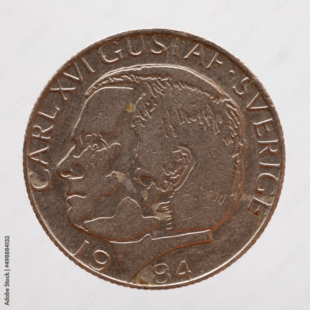 Sweden - circa 1989: 1 Kroner coin of Sweden showing a portrait of King ...