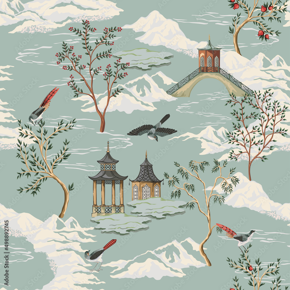 Vintage Chinese landscape, tree, birds, mountain seamless pattern ...