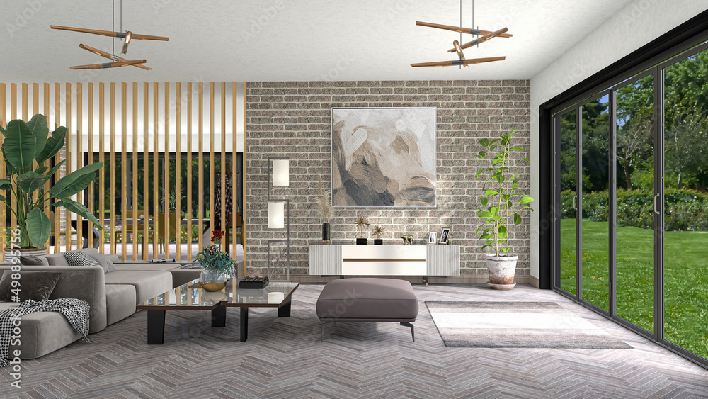 Stylish modern home interior design, realistic 3D Illustration of the ...