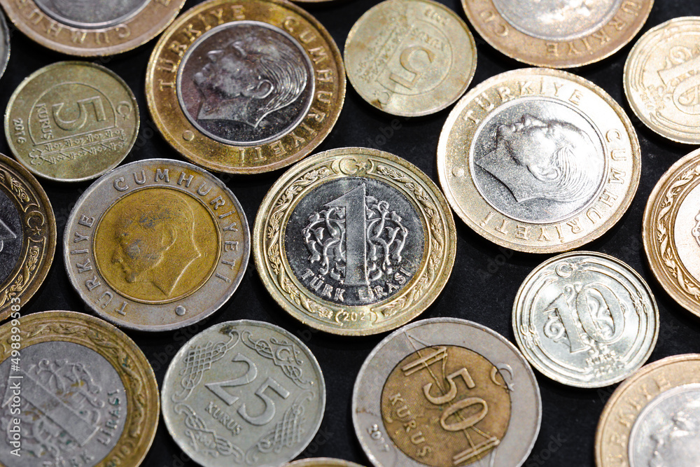 Coins of different sizes and values on an isolated background. 1 lira ...