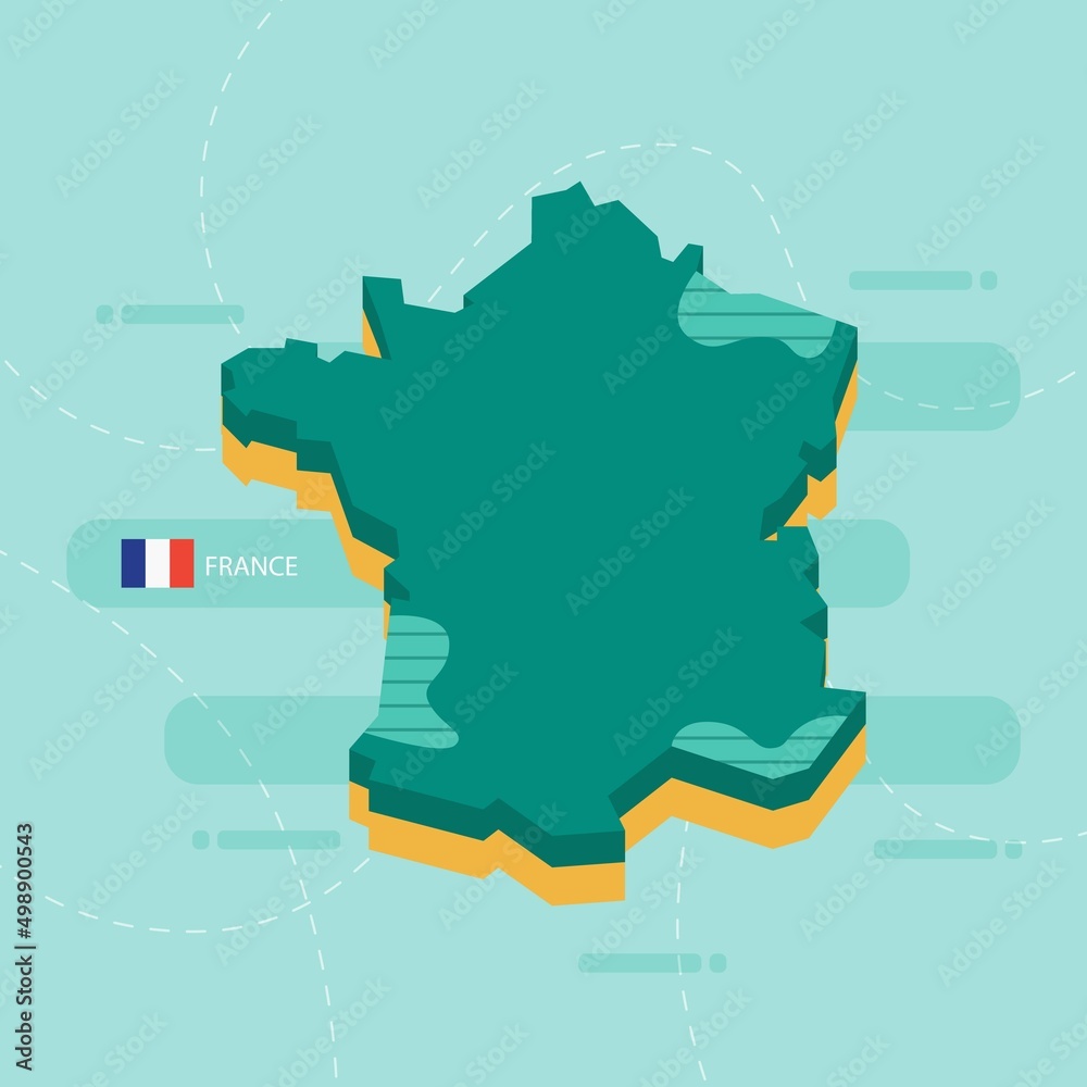 3d vector map of France with name and flag of country on light green ...
