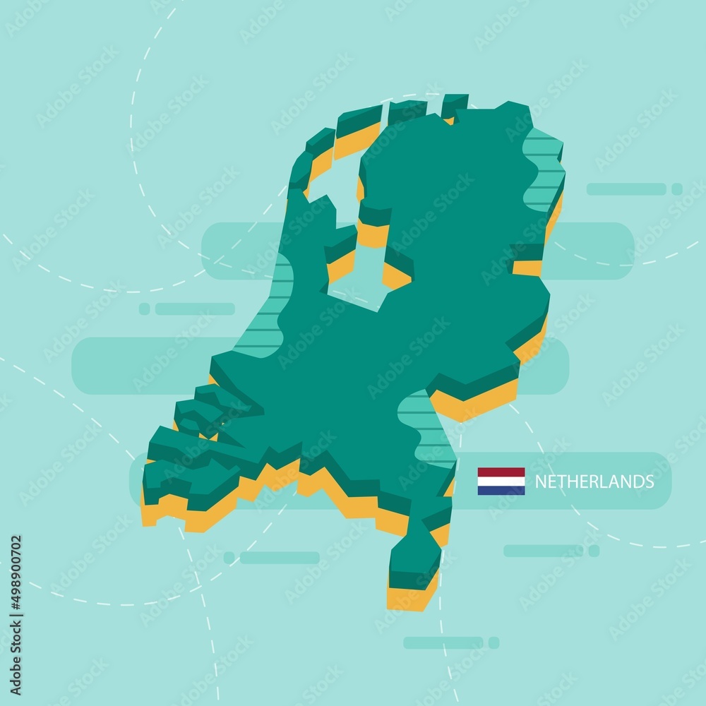 3d vector map of Netherlands with name and flag of country on light ...