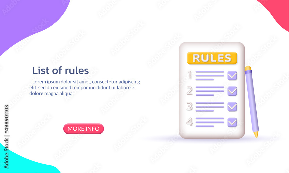 Rules list banner with 3d icon. Regulation, company compliance, law ...