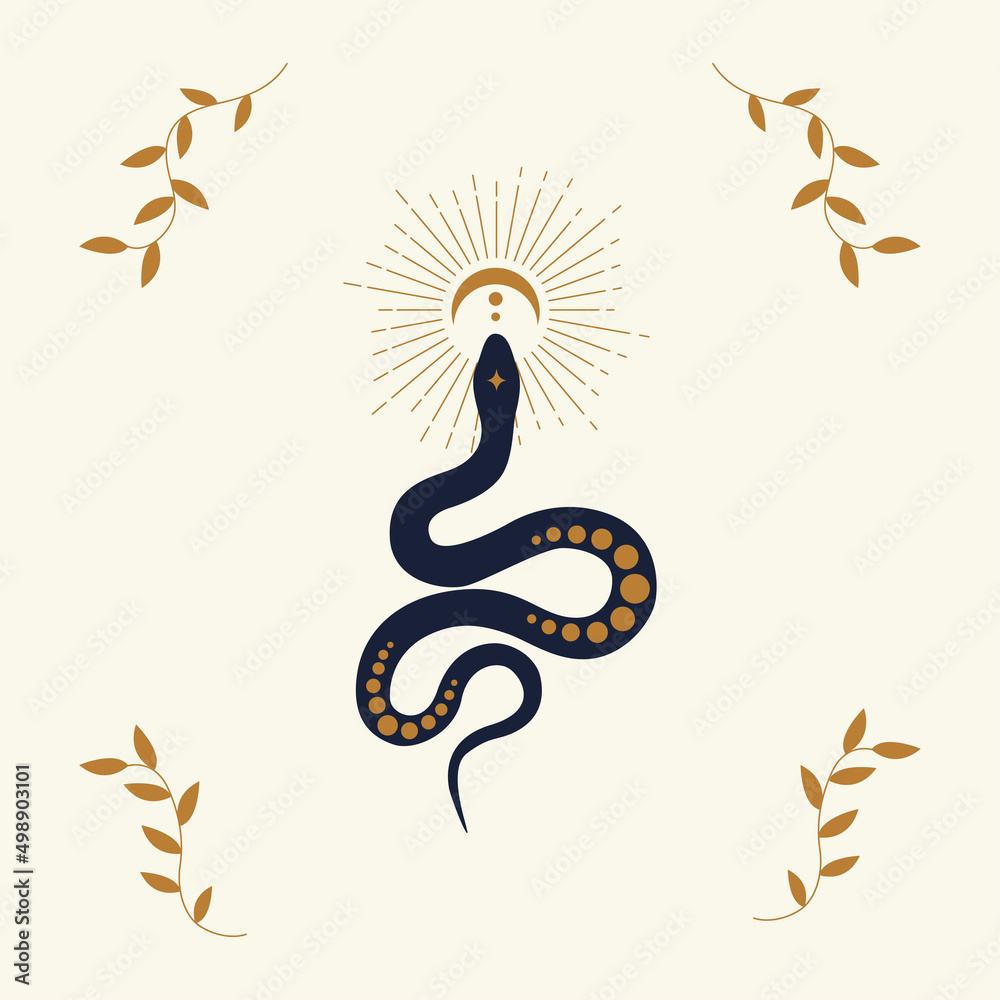 Magic snake with moon, star and crescents. Mystical symbols in a trendy ...