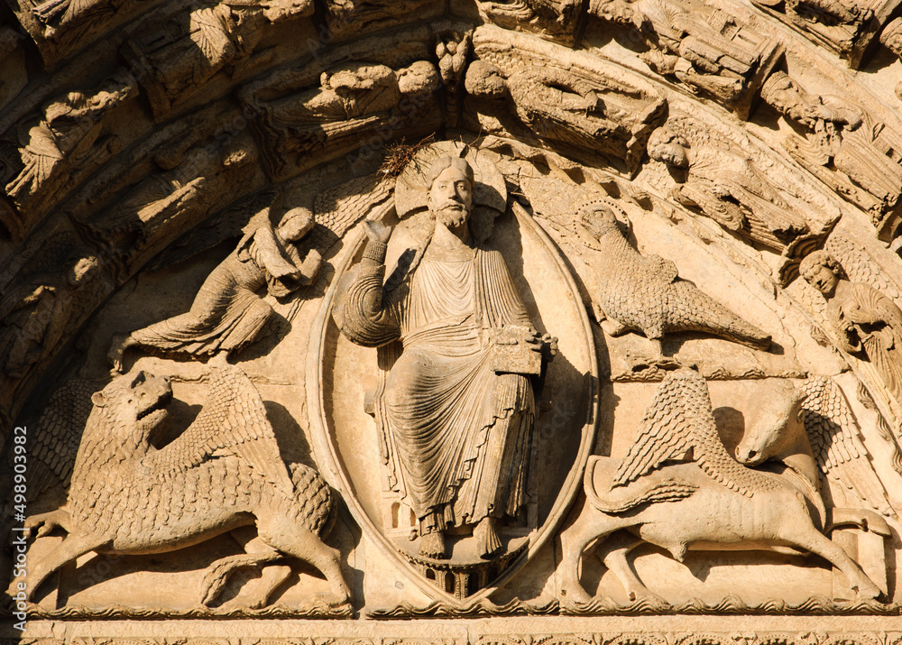 Cathedral of Chartres, France. Statue of Jesus Christ surrounded by ...