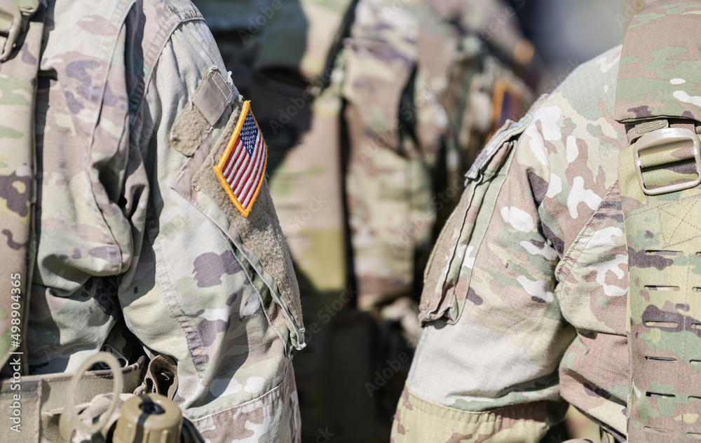 Detail view of the US Army uniform worn by soldiers in a military base ...