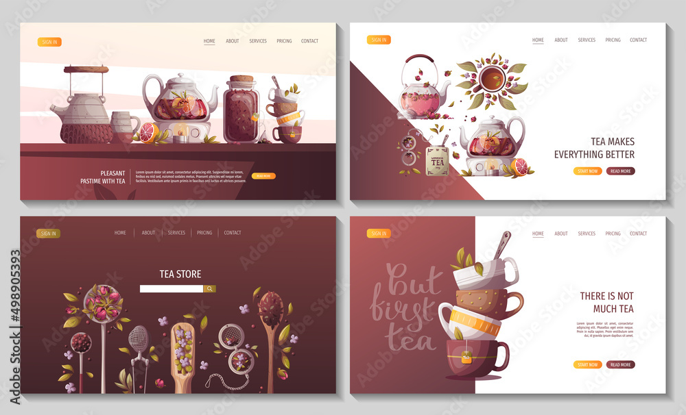 Set of web pages with teapots, jar of loose tea, teacups. Tea shop ...