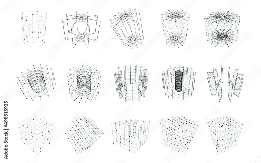 Set of wireframe geometric shapes with connected lines and dots ...