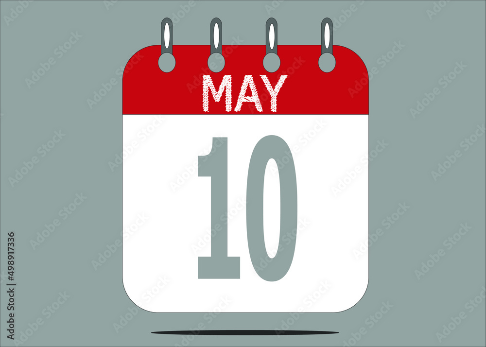 Icon day date 10 May, template calendar page in red and gray for days ...