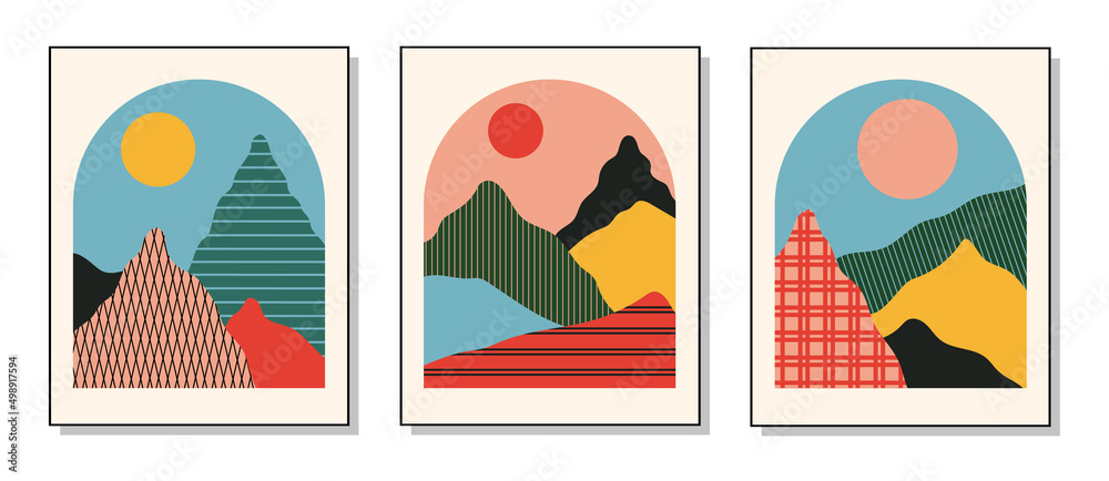 Set of three abstract art posters. Nature and sunset. Hand drawn ...