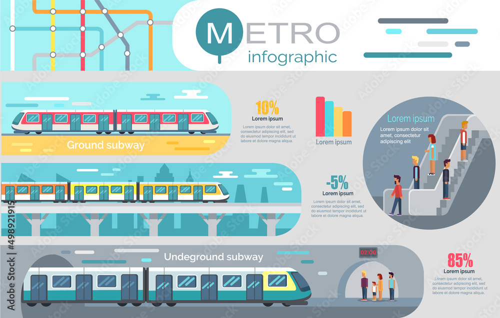 Public transport flat infographic diagram with tramway underground metro. Subway poster mockup ...