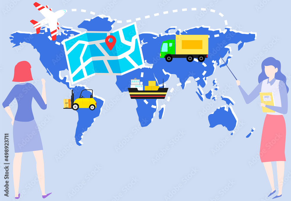 International postal mail delivery service concept. Women studying ...