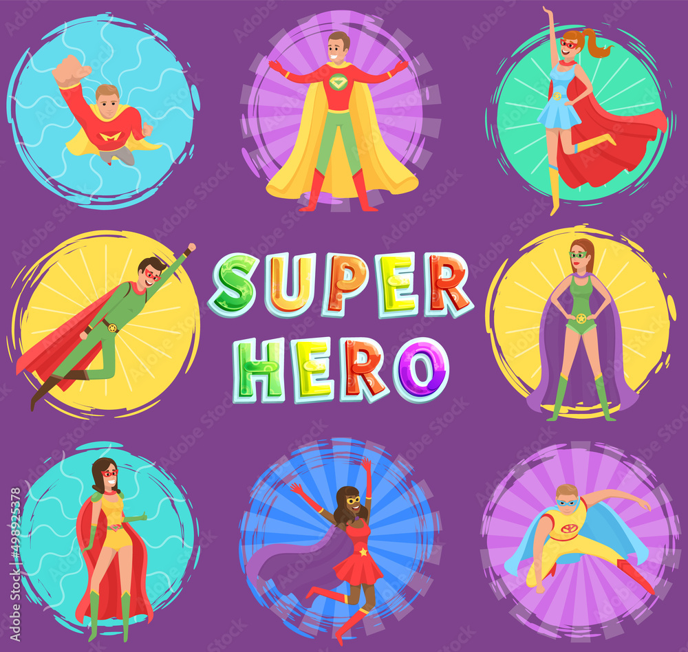 Strong super man and super woman smiles and flies to save world ...