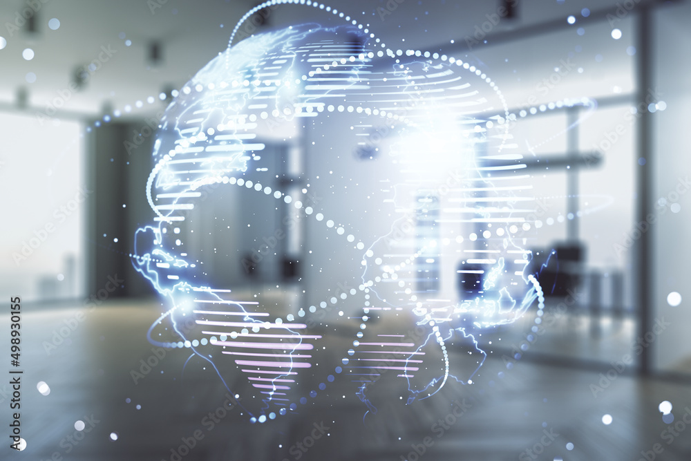 Abstract virtual world map with connections on a modern furnished ...