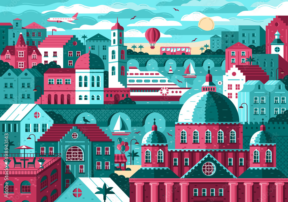Beautiful city landscape . Bright buildings, bridges, basilicas, palm ...