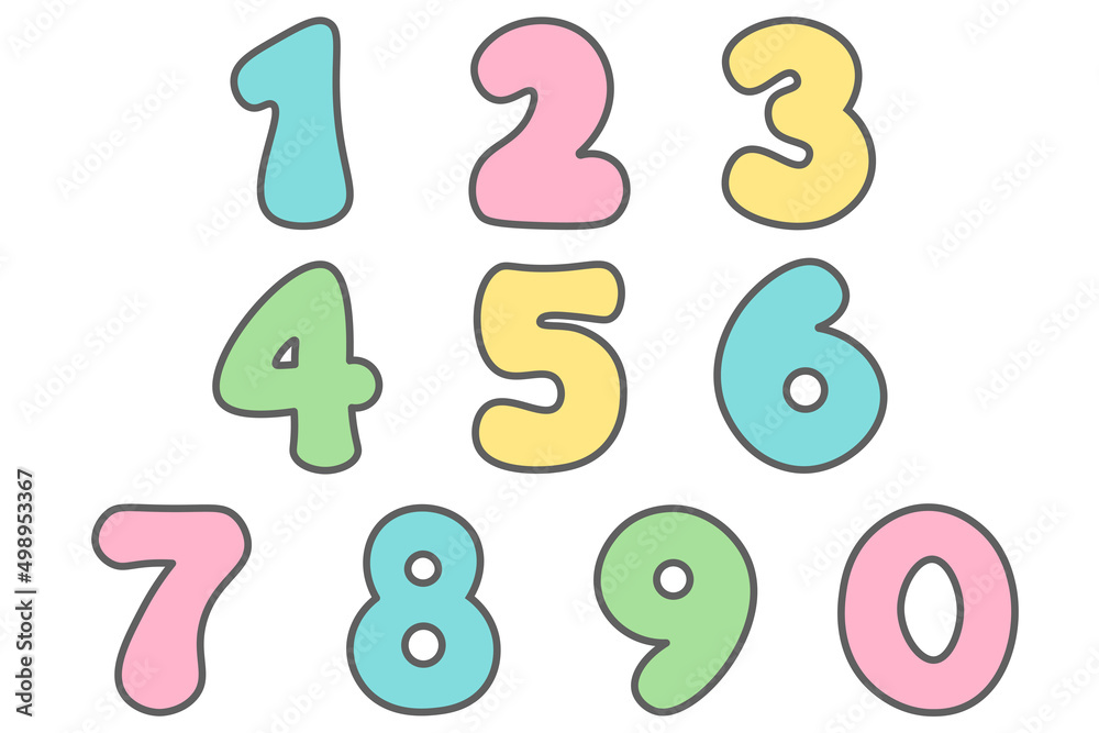 Kids colored cartoon number set in pastel colors with dark stroke. set ...