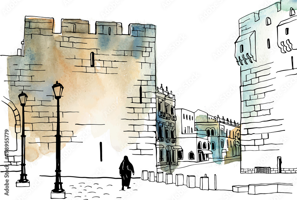 Old street of Jerusalem, black and white vector illustration in hand ...