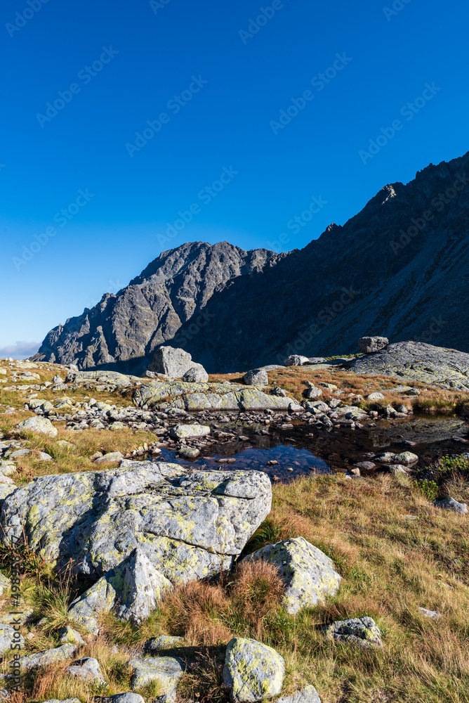 Nizne Zbojnicke pleso lake in Velka Studena dolina with Slavkovsky stit ...