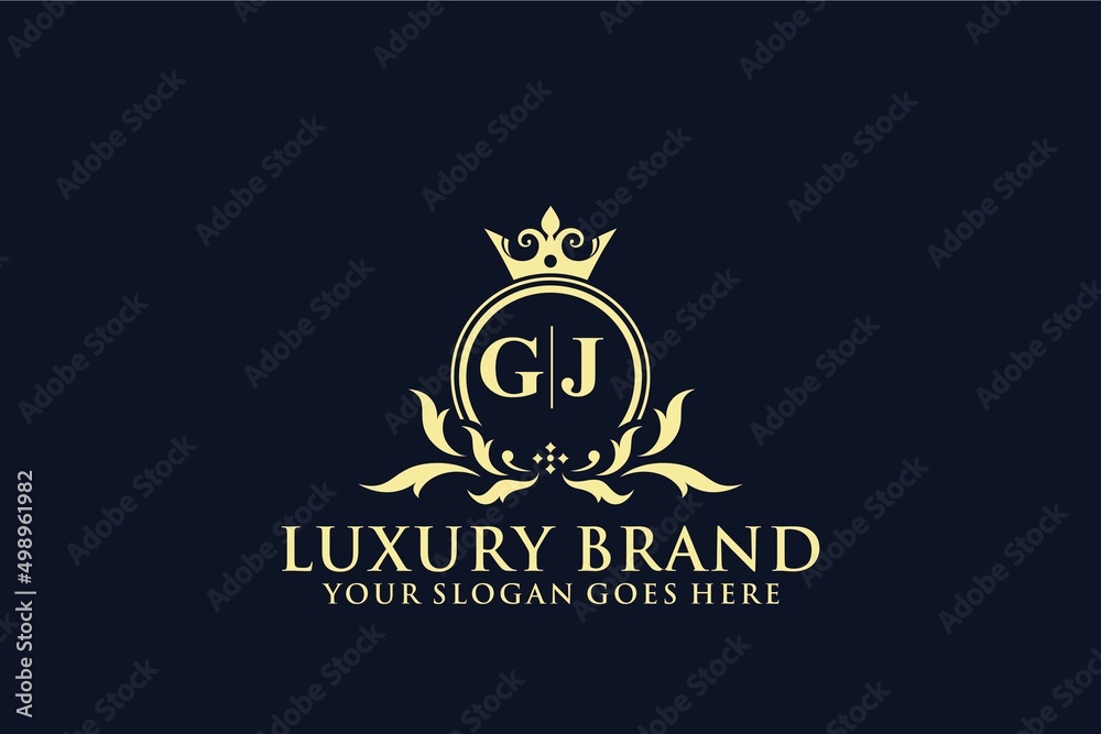 letter Initial GJ elegant luxury monogram logo or badge template with scrolls and royal crown ...