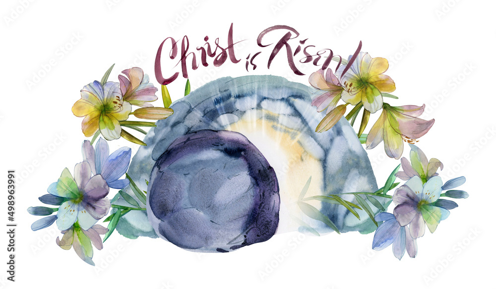 Easter watercolor illustration: the cave of Jesus Christ, a flower ...