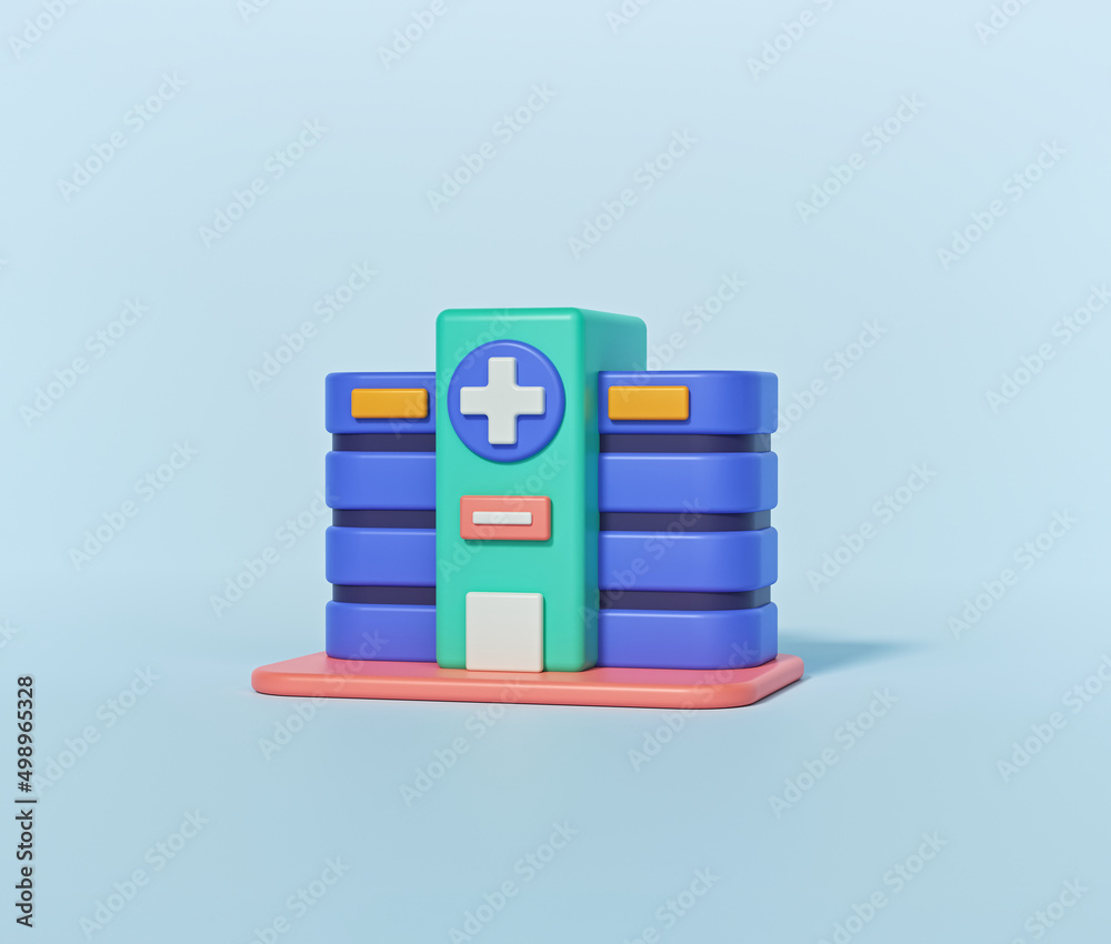 3D hospital building isolated on pastel blue background. health care ...