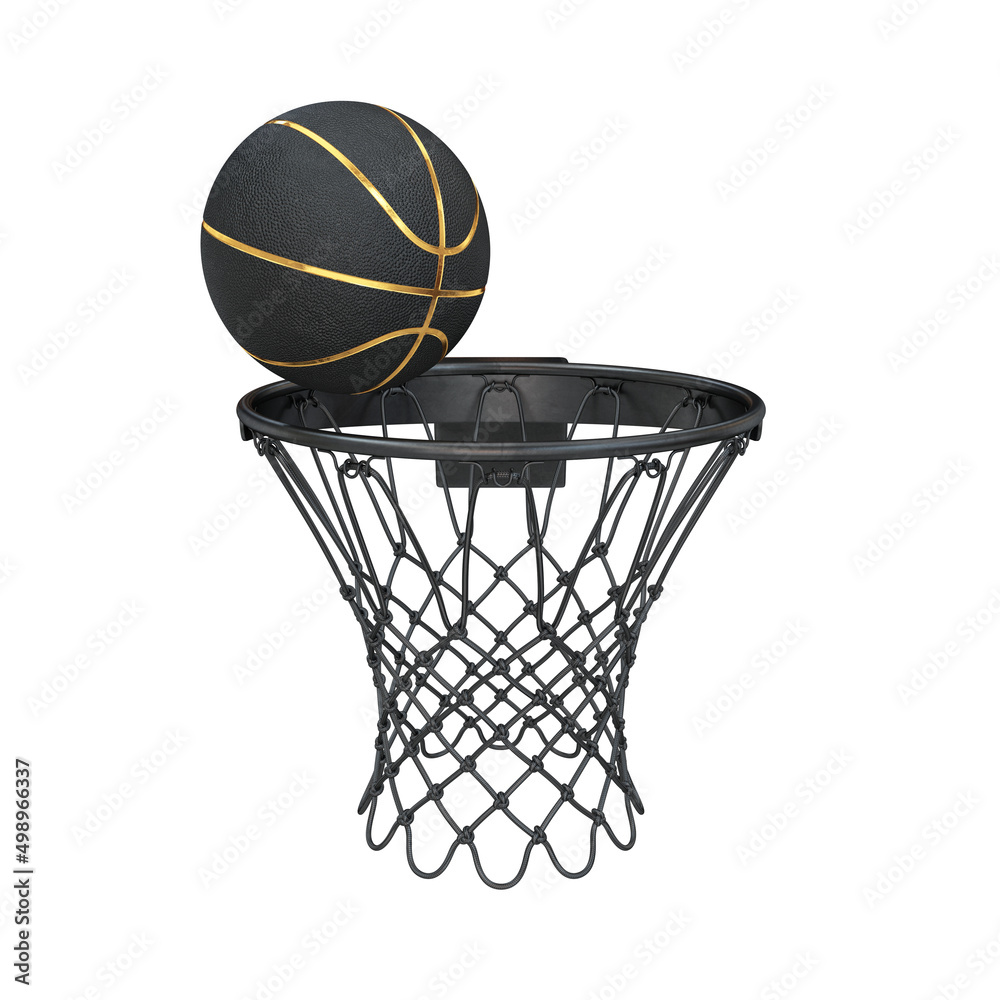 Black basketball rim with a ball side view on a white background, 3d ...