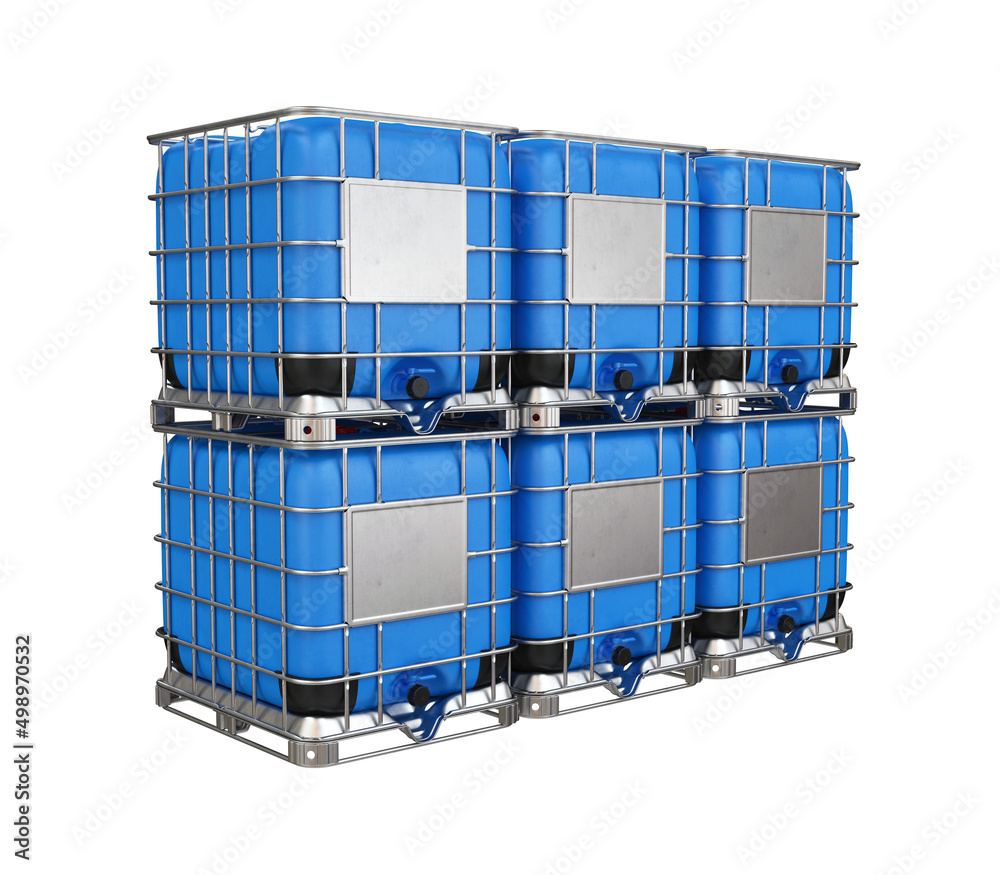 A stack of IBC containers for liquids in blue on a white background, 3d ...