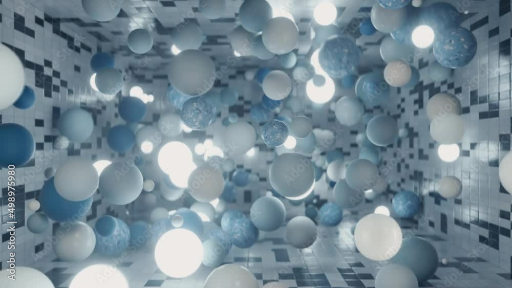 Camera pushes into a room full of dynamic floating spheres. 4K CGI ...