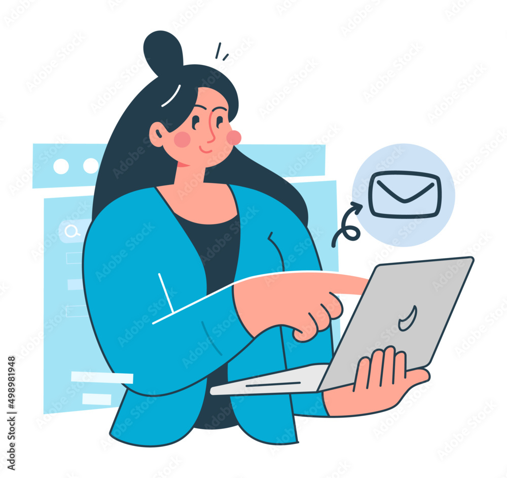 Flat illustration of a woman sending emails and messages with a finger ...