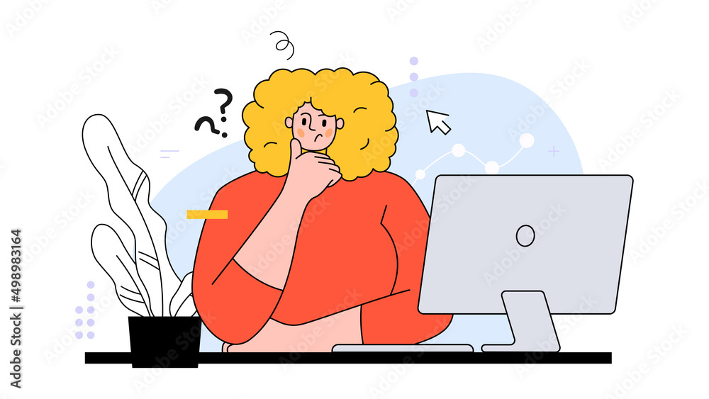 Confused girl, the woman at the office thinking and working on the ...