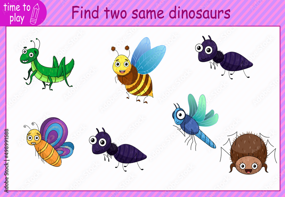 children's educational game, task. find two identical insects ...