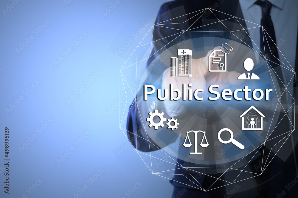 Public Sector concept. Man pointing at virtual screen with different ...