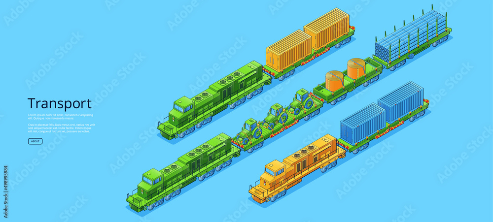 Transport isometric web banner, cargo trains with containers in depot ...