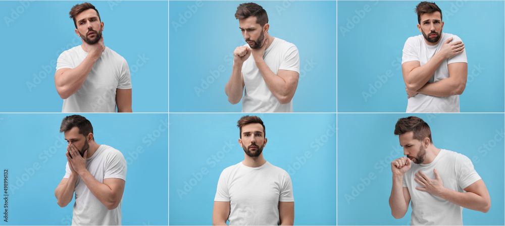 Collage with photos of man with cold symptoms on turquoise background ...