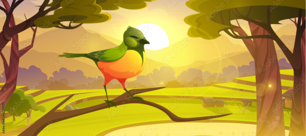 Cartoon bird sitting on tree branch, cute colorful birdie with green ...