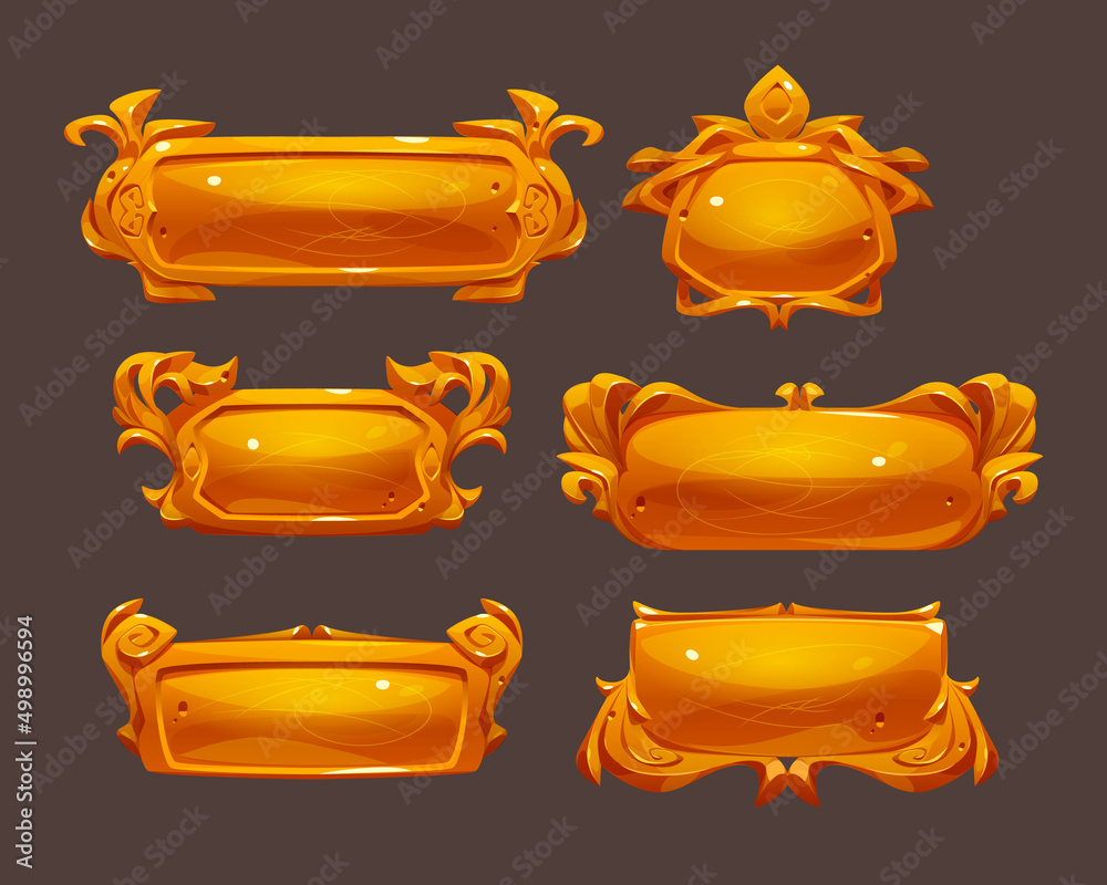 Game ui frames, gold medieval menu elements, buttons or banners with ...