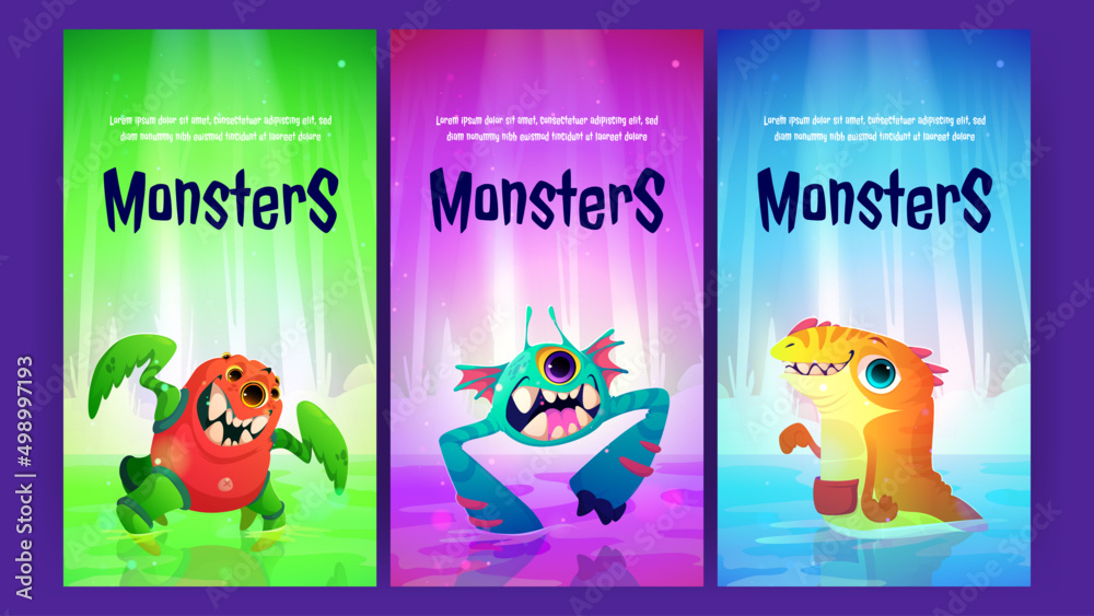 Vetor de Cartoon posters with cute monsters, invitation flyers template ...