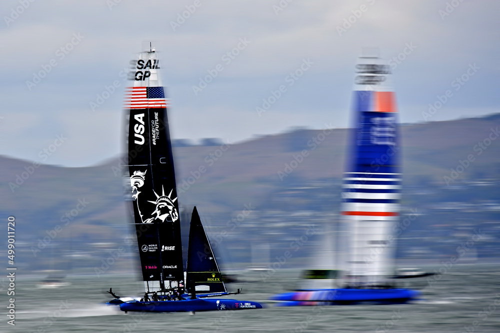 Team USA maneuvering around Team France, San Francisco Bay 2022. SAIL ...
