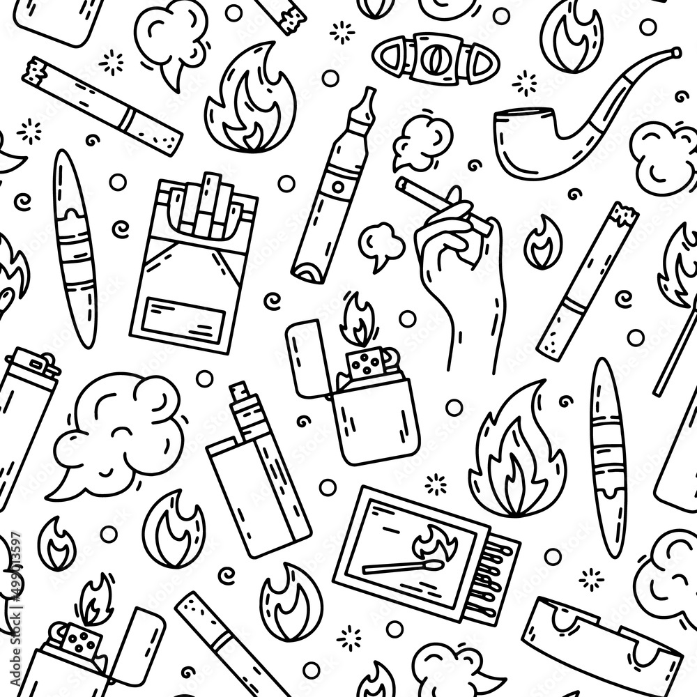 Cigarette smoking vector seamless pattern in doodle style, hand drawing ...