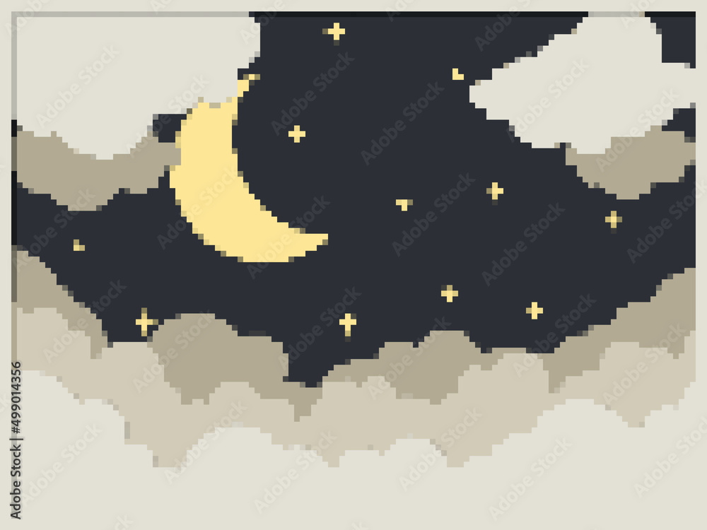 Pixel art night background. Pixel sky with stars and clouds and moon ...