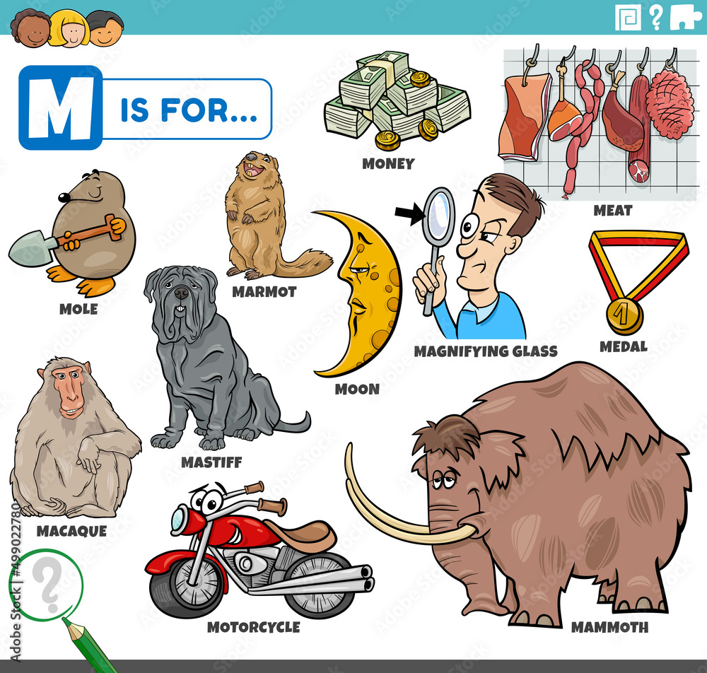letter m words educational set with cartoon characters Stock Vector ...