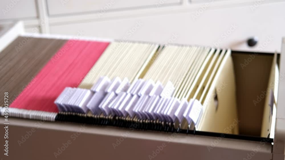 young woman goes through documents in home archive, looking for the ...