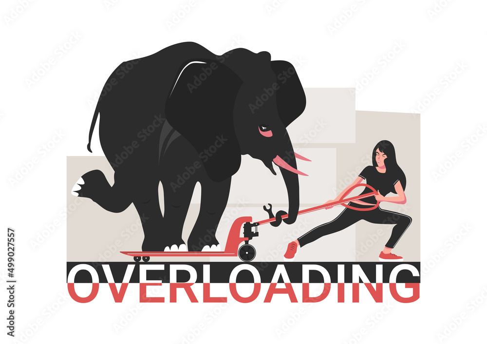 Overloading. Warehouse safety tip with a woman trying to pull a pallet ...