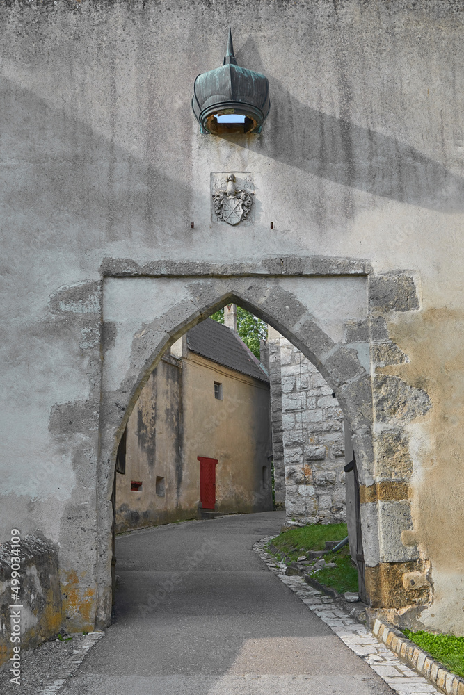 Castle gate to the famous "Harburg" in southern Germany, Bavaria. Stock ...