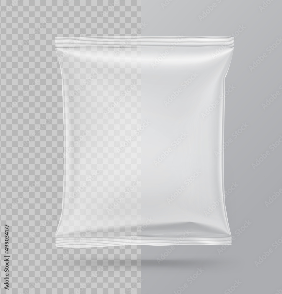 Square transparent packaging bag mockup. Vector illustration on dark ...