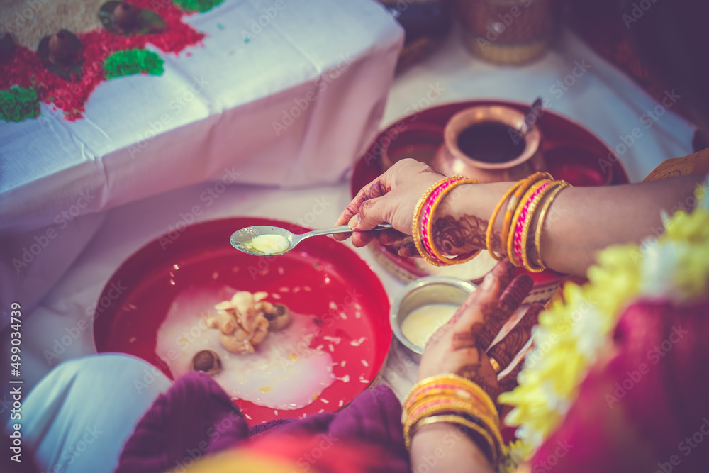 Indian Hindu wedding ceremony Ganesh pooja ritual items close up Stock ...