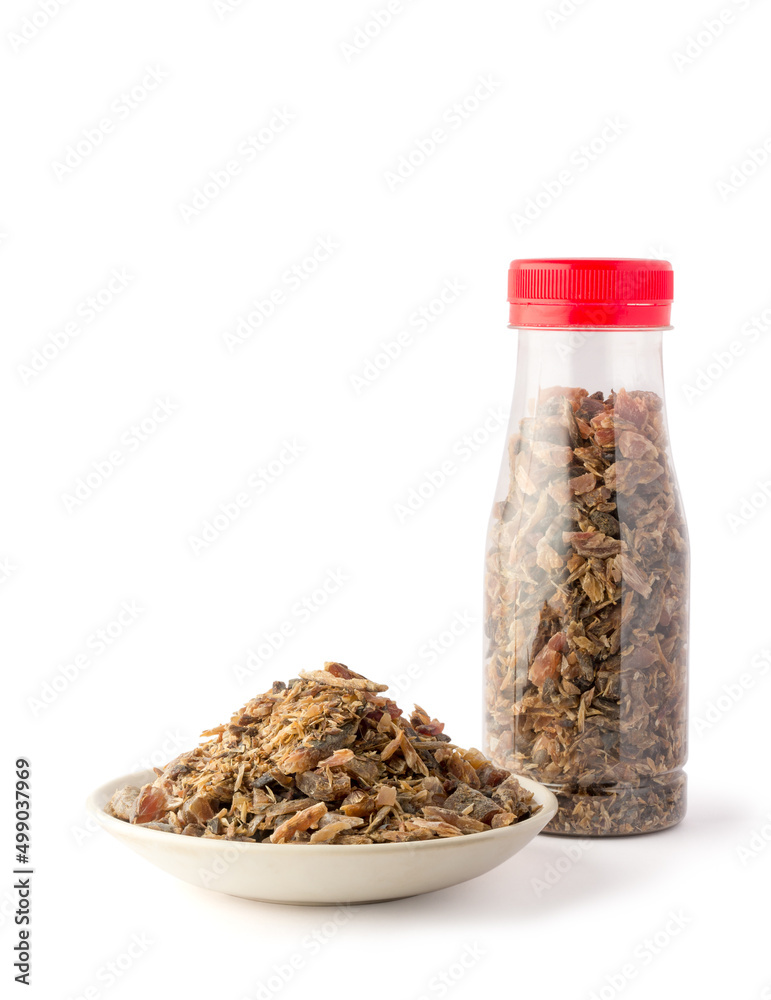 maldive fish chips, in a plate and a plastic bottle, dried and cured ...