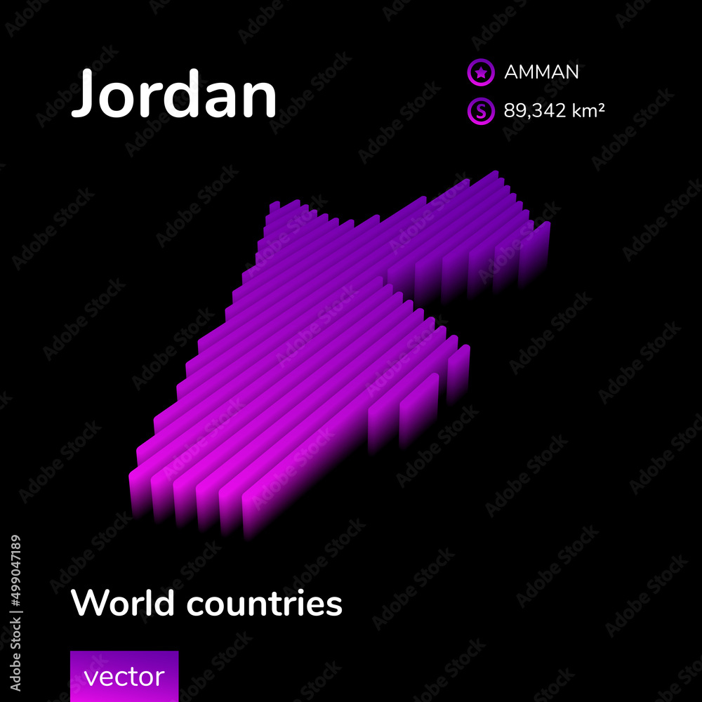 Jordan3D map. Stylized isometric vector 3d map of Jordan in neon violet ...