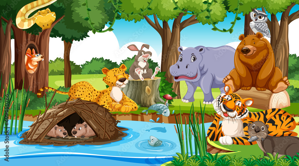 Poster Wild animals cartoon characters in the forest scene – Wall Art ...